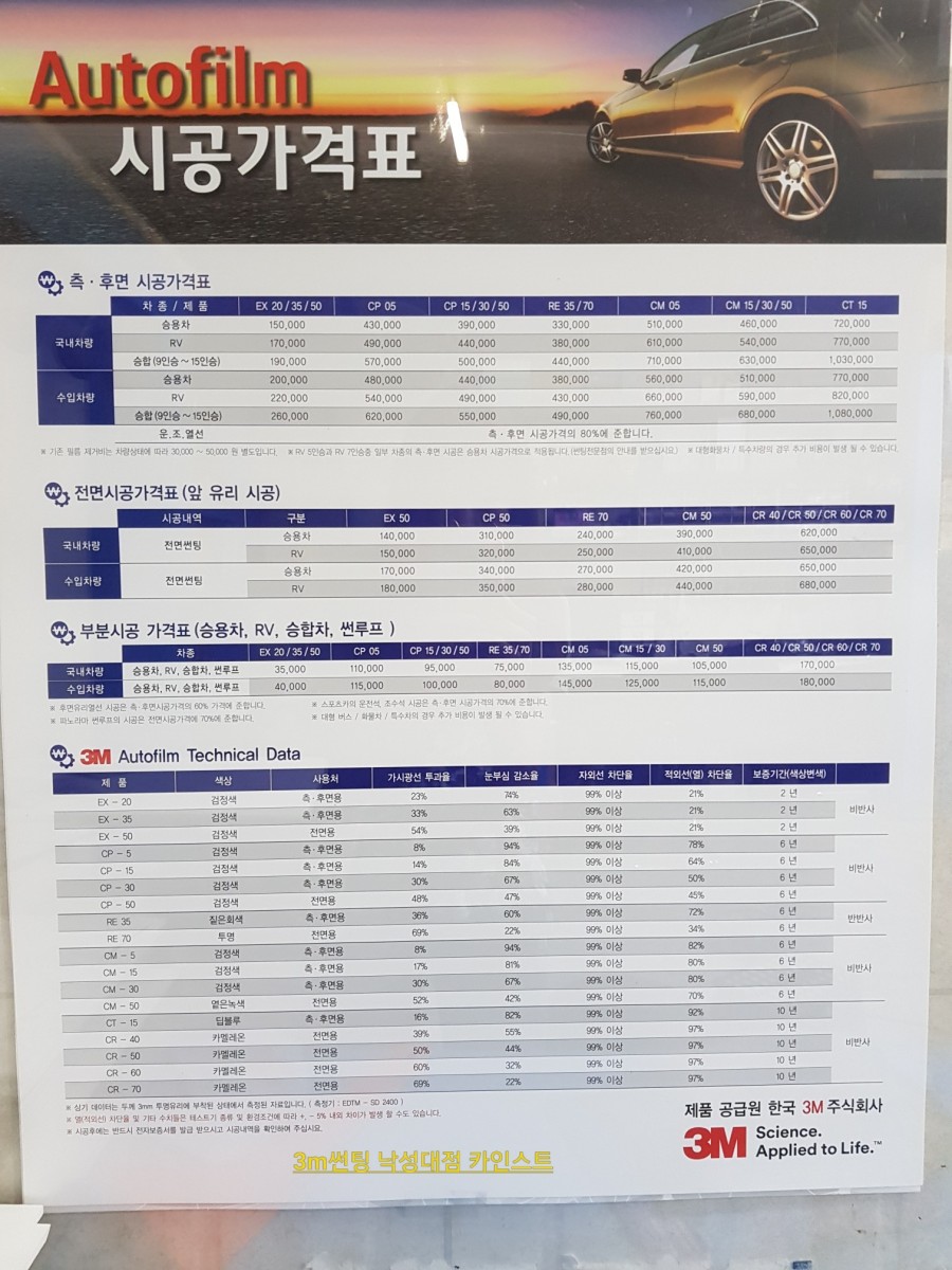 썬팅 가격표 총정리 3m 썬팅루마 버텍스 가격쿨맥스 썬팅레이노후퍼옵틱 가격표관악구 낙성대 3m 윈도틴팅 카인스트